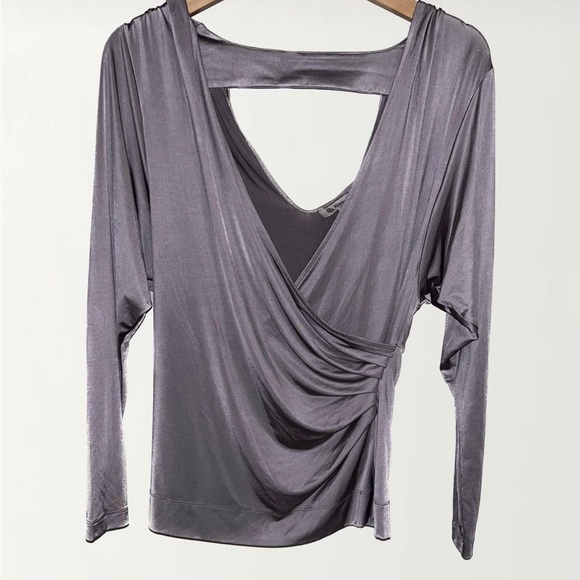 BCBGMaxAzria | Tops | Bcbg Maxazria Silk Satin Blouse Silver Grey Top ...